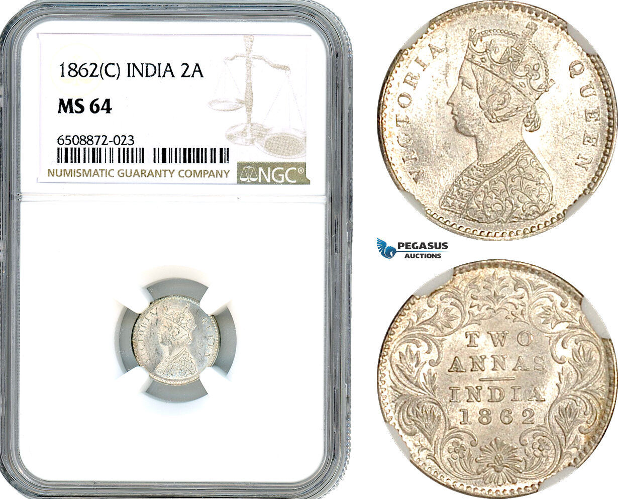 India, British 2 Annas 1862 NGC MS64 | MA-Shops