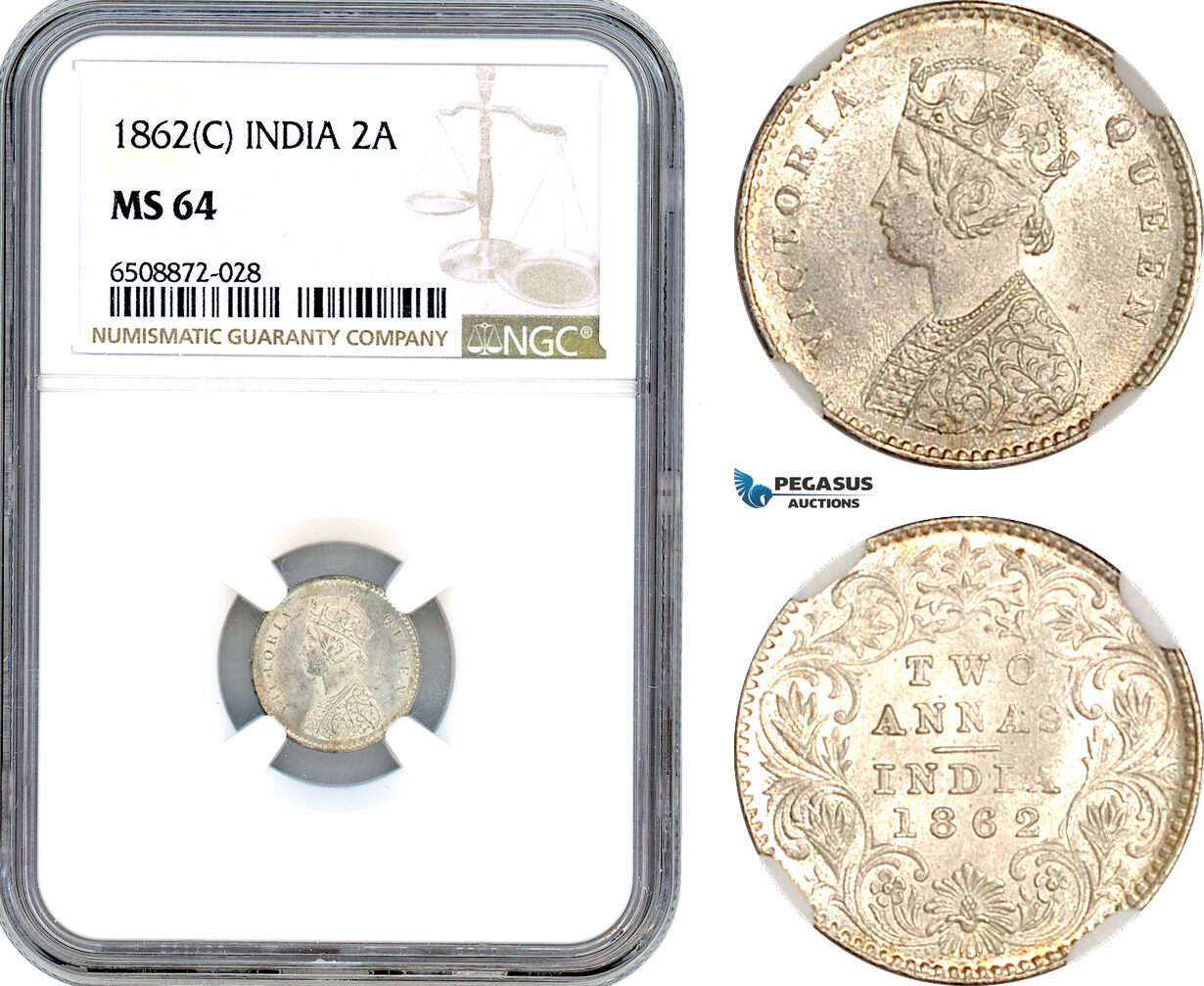India, British 2 Annas 1862 NGC MS64 | MA-Shops