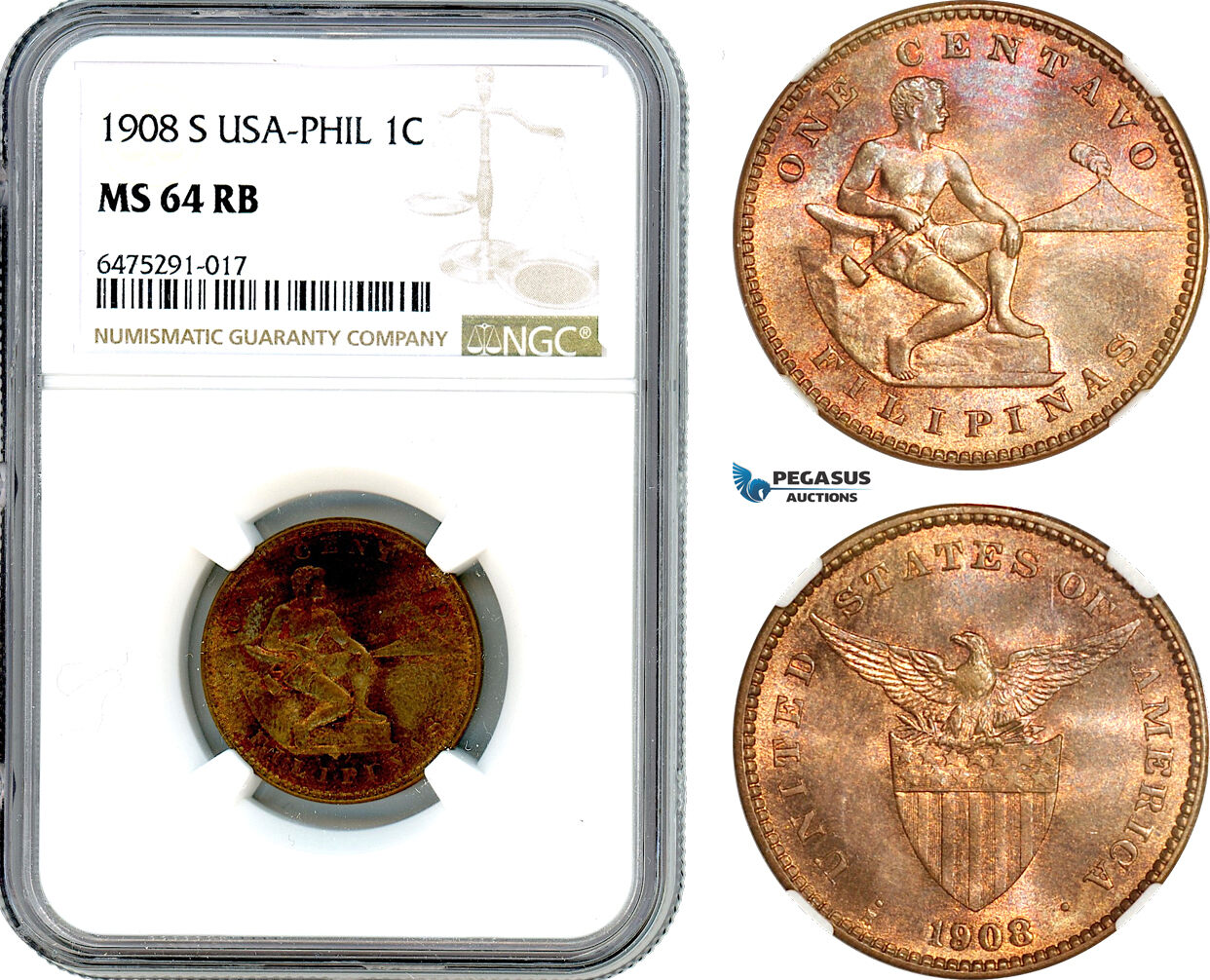 Philippines (US Administration) 1 Centavo 1908 NGC MS64RB | MA-Shops