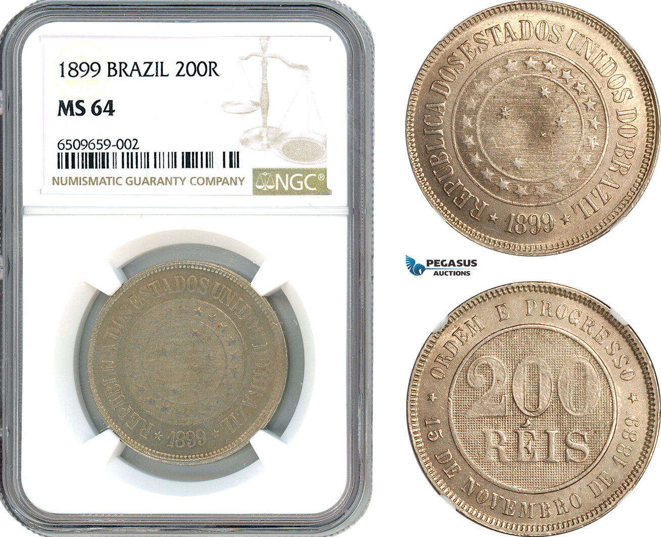 Brazil 200 Reis 1899 NGC MS64 | MA-Shops