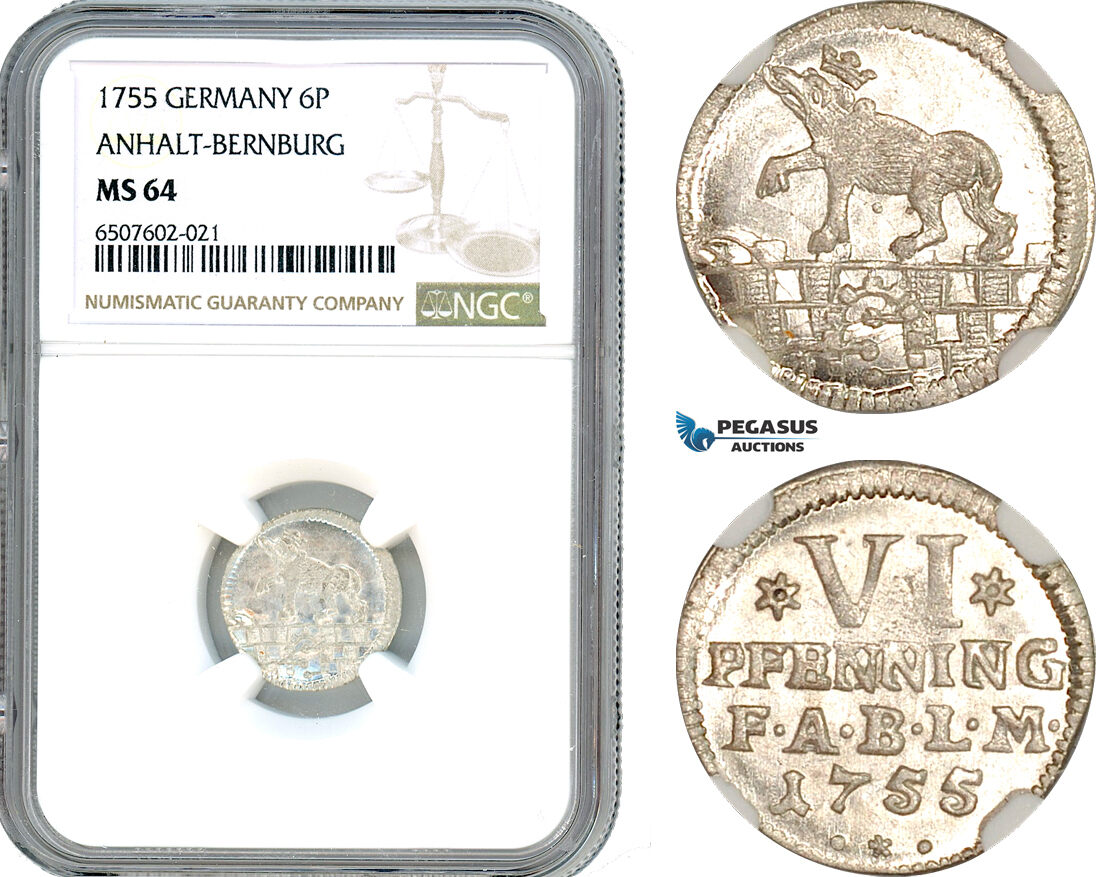 Germany, Anhalt Bernburg 6 Pfennig 1755 NGC MS64, Pop 1/0 | MA-Shops