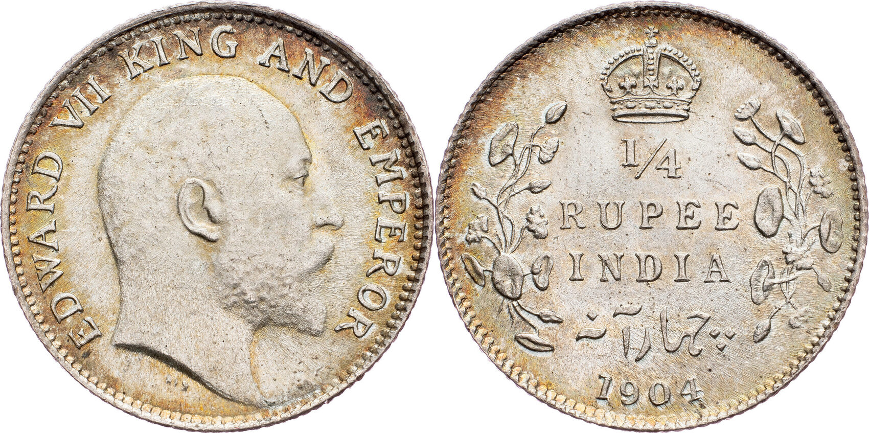 India - British 1/4 Rupee 1904 mint luster, beautiful toning UNC | MA-Shops