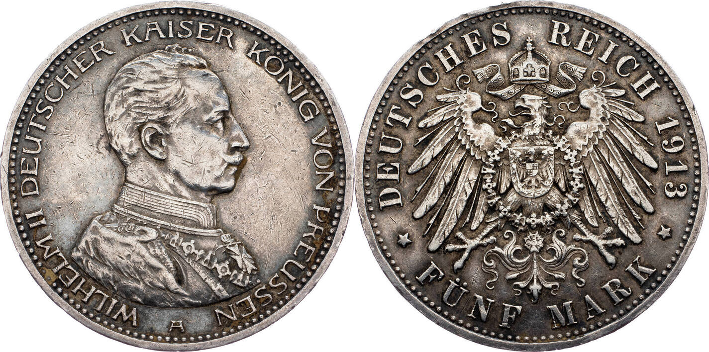 Germany 5 Mark 1913 Uniformed bust, toned VF+ | MA-Shops