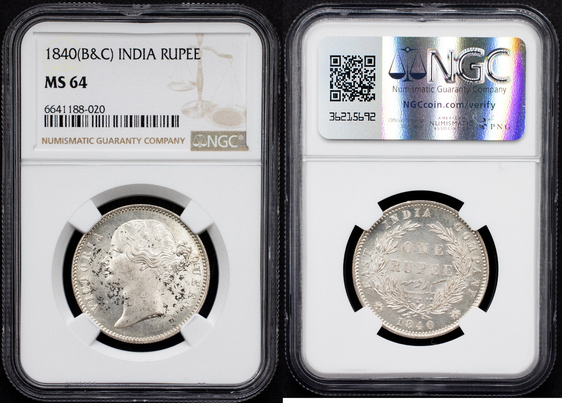 British India 1 Rupee 1840 B&C Victoria MS64 | MA-Shops