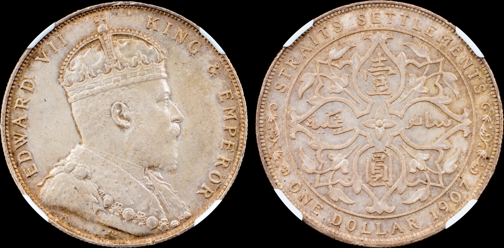 Straits Settlements 1 Dollar 1907 Heaton Edward VII. unz DETAILS -CLEANED | MA-Shops