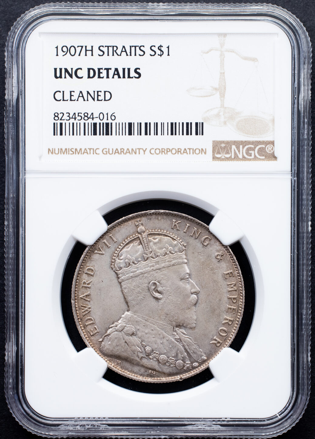 Straits Settlements 1 Dollar 1907 Heaton Edward VII. unz DETAILS -CLEANED | MA-Shops