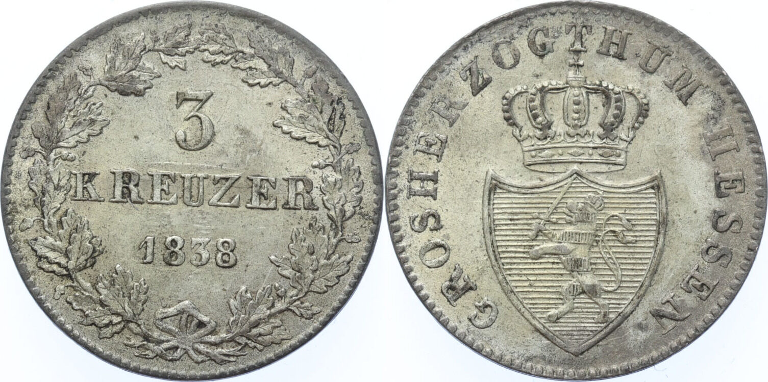 3 Kreuzer 1838 German states Hesse-Darmstadt silver unz | MA-Shops