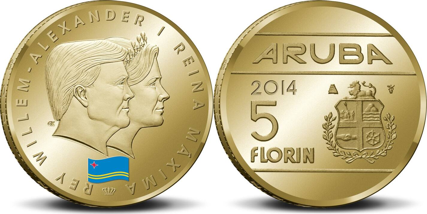 5 Florin 2014 1 Jaar Koningschap Aruba in munthouder unz | MA-Shops