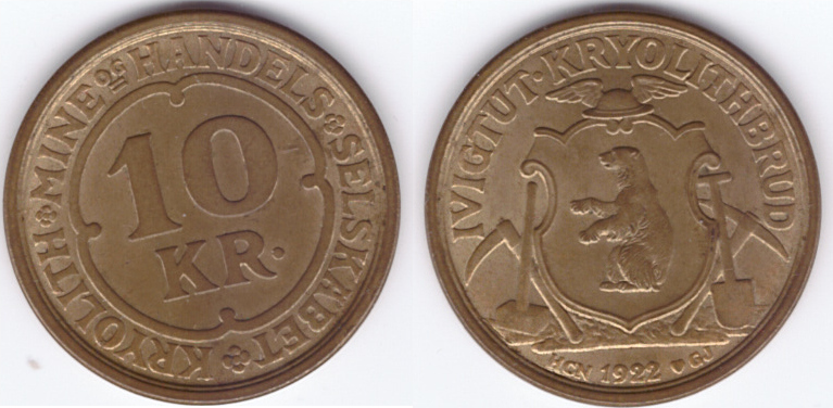 Greenland 10 Kroner Kryolith mining RARE 1922 bfr | MA-Shops