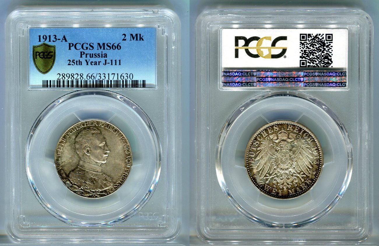 Preussen 2 Mark 1913 A Wilhelm II. "25. Regierungsjubiläum" PCGS MS 66 ...