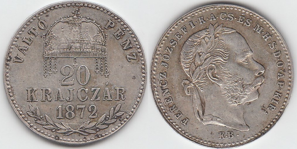 Haus Habsburg 20 Krajczar 1872 KB Franz Joseph I. (1848-1916), Kremnitz Fast vorzüglich | MA-Shops