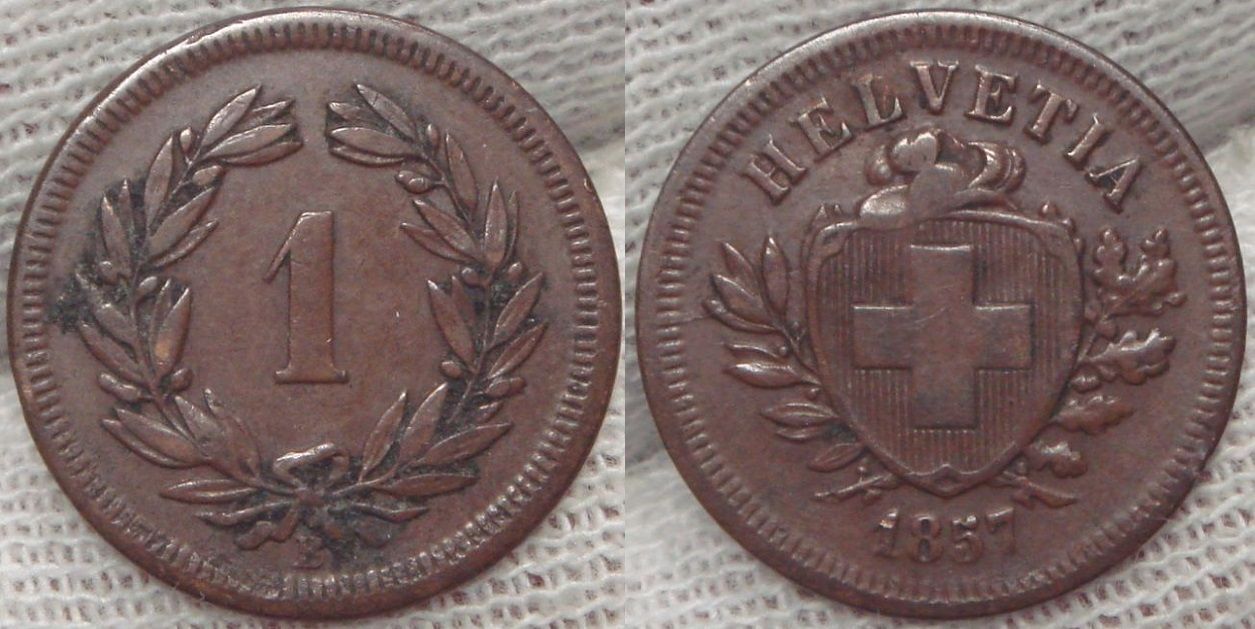 Schweiz - Eidgenossenschaft Cu Rappen 1857 B Winzige Randfehler.#p22 Sehr schön. | MA-Shops