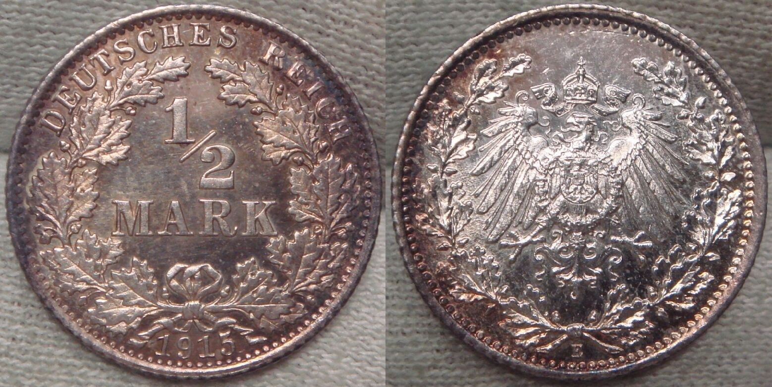 Kaiserreich 1/2 Mark 1915 E Erstabschlag.Prooflike. Fast Stempelganz. | MA-Shops