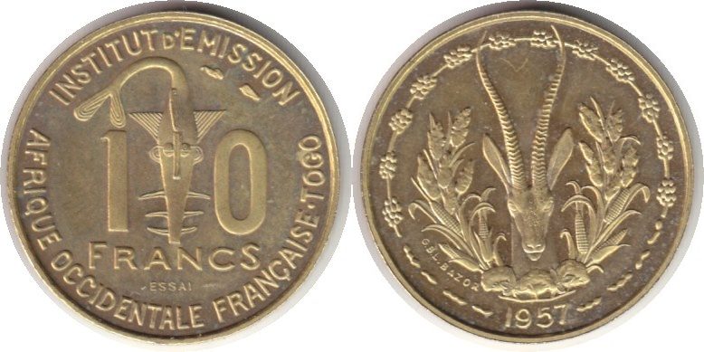 Französische Kolonien Westafrika Probe 10 Francs 1957 fast Stempelglanz | MA-Shops