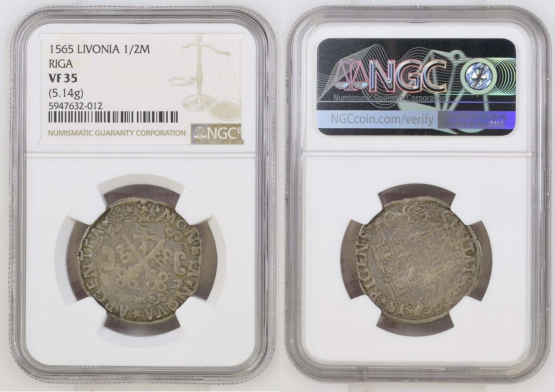 Baltikum-Riga,Stadt 1/2 Mark 1565 NGC VF 35 | MA-Shops