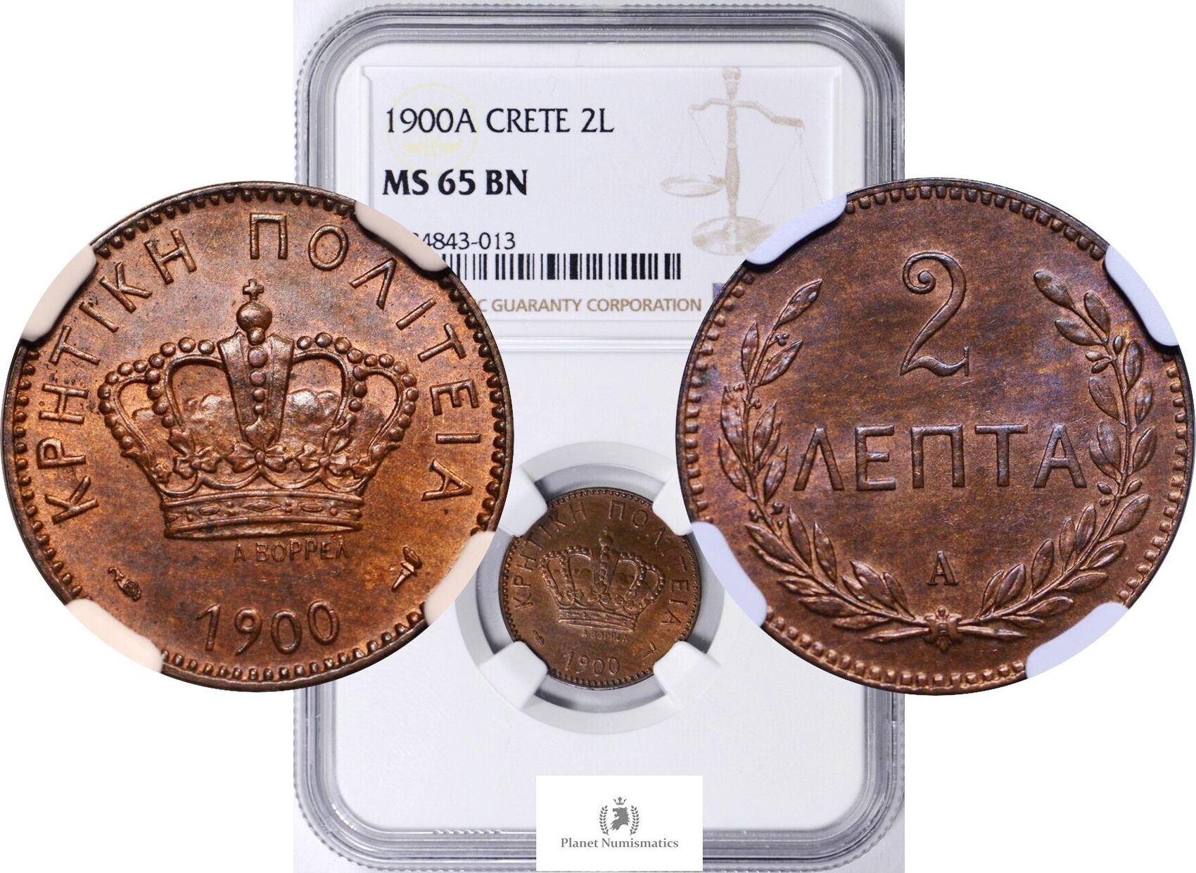 Greece, Crete COPPER-2-LEPTA 1900-A 221021 NGC-MS65BN | MA-Shops