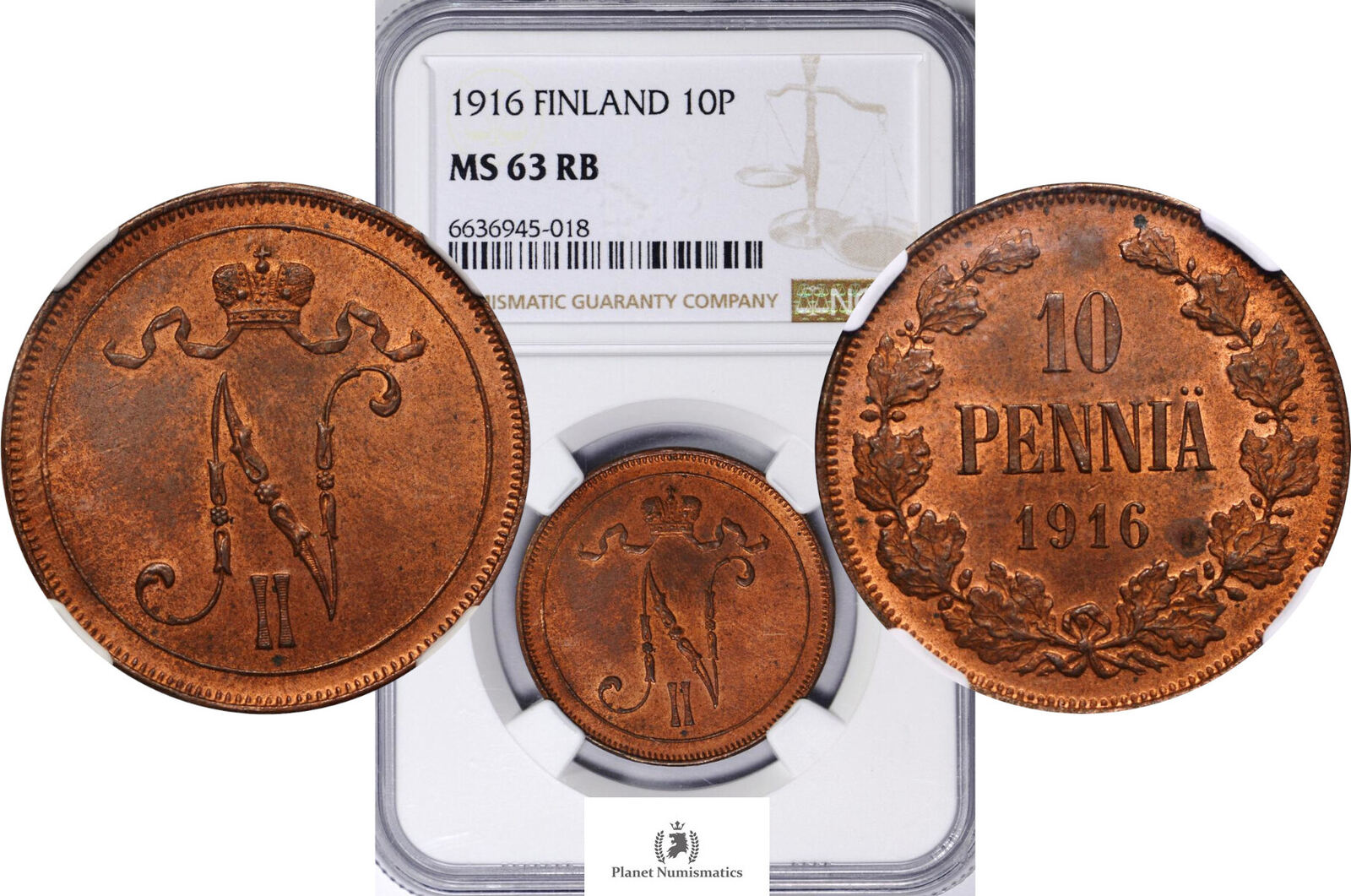 FINLAND COPPER-10-PENNIA-NIKOLAI-II 1916 2424-1 NGC-MS63RB | MA-Shops