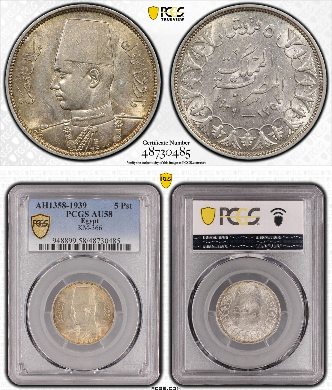 Egypt SILVER-5-PIASTRES AH1358//1939 10921 PCGS-AU58 | MA-Shops