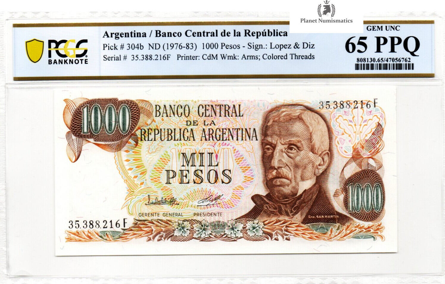 ARGENTINA 1000-PESOS 1976-83 3223-7 PCGS-65-PPQ | MA-Shops