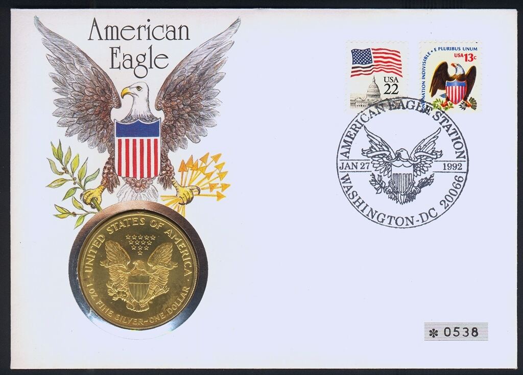 USA 1 $ 1992 'LIBERTY / AMERICAN EAGLE' Numisbrief - coin cover one ...