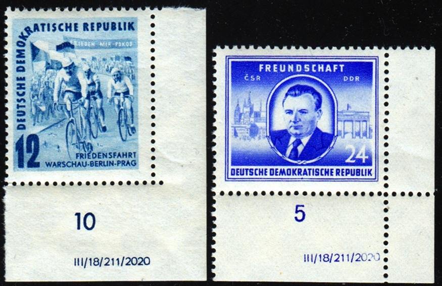 DDR 12+24 Pfg. 1952 Gottwald und Radfernfahrt je mit Druckerei-Vermerk ...