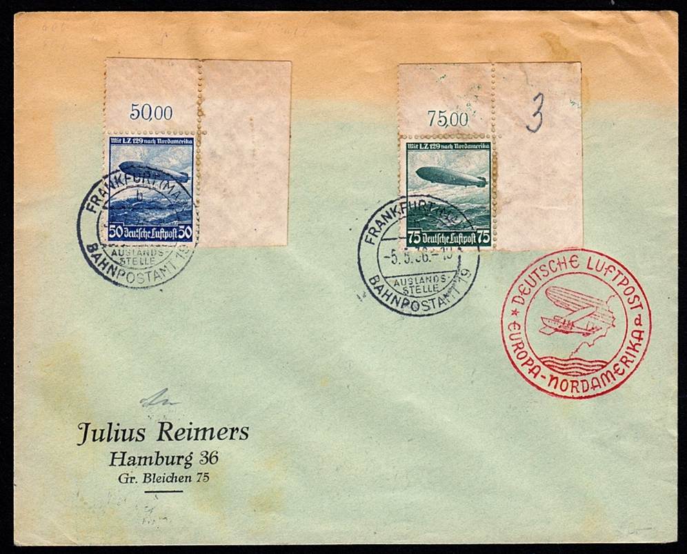 Deutsches Reich 1936 Zeppelin LZ 129 kompl. im Eckrand auf Brief ...