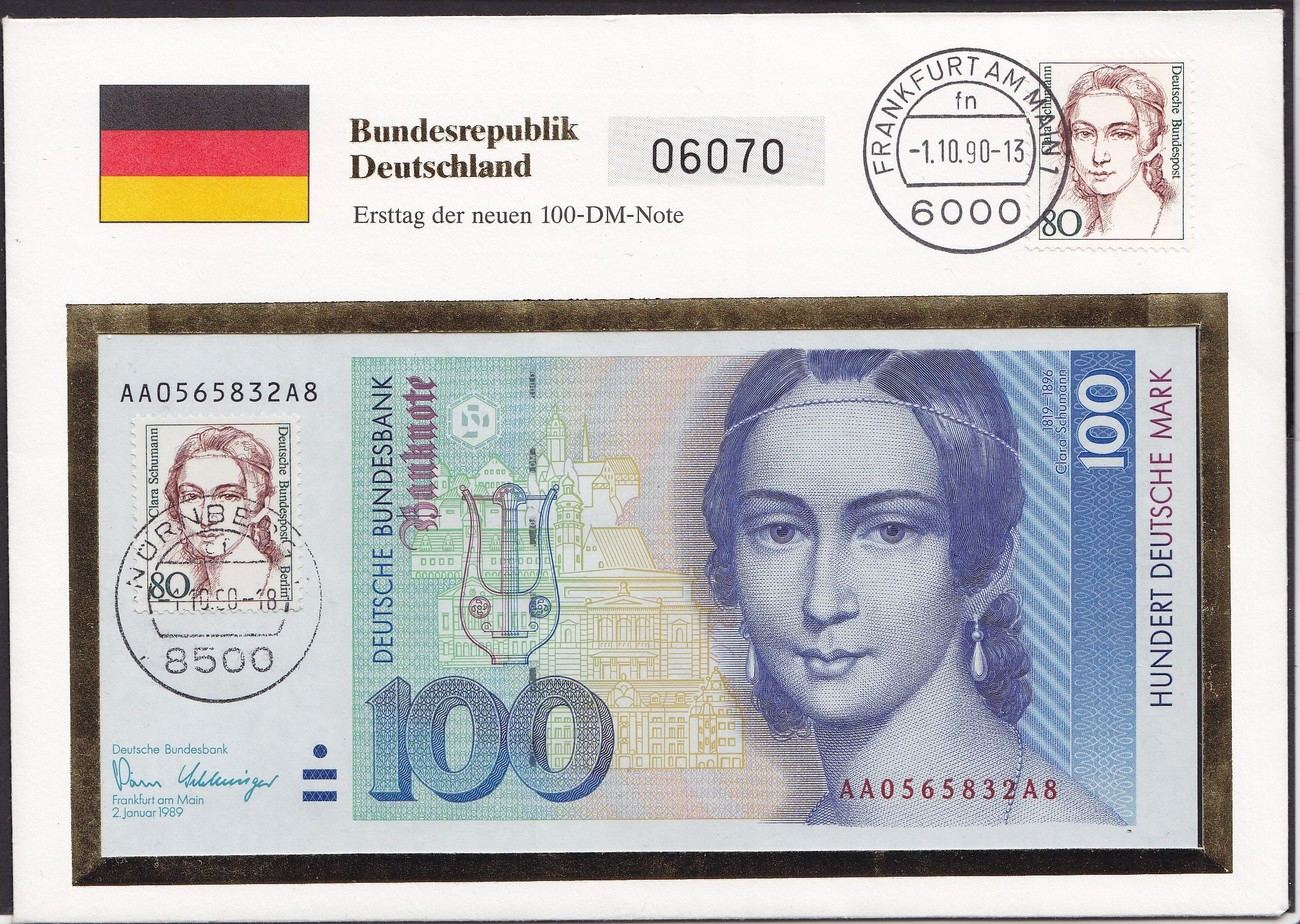 Deutschland 100 DM 1990 mit themenbezogener Briefmarke und Poststempel ...