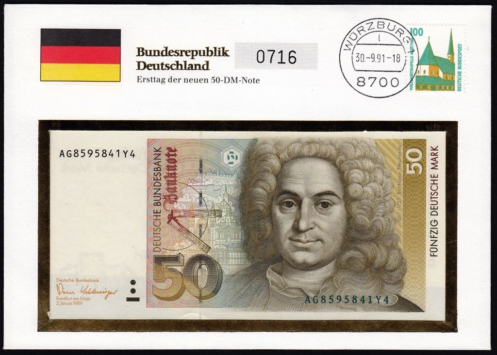 Deutschland 50 DM 1989 B.Neumann in 'Banknotenbrief' mit Poststempel des 1.Ausgabetages! UNC ...
