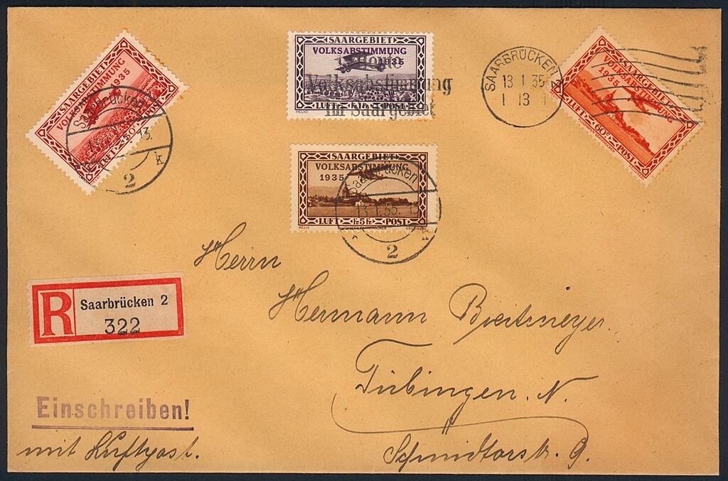 Deutsche Abstimmungsgebiete Saar 50 C - 5 Fr 1935 Flugpost mit Aufdruck zur 'Volksabstimmung ...