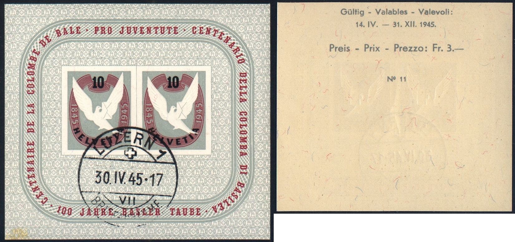 Schweiz 1945 '100 Jahre Basler Taube' Block mit Tagesstempel gestempelt ...