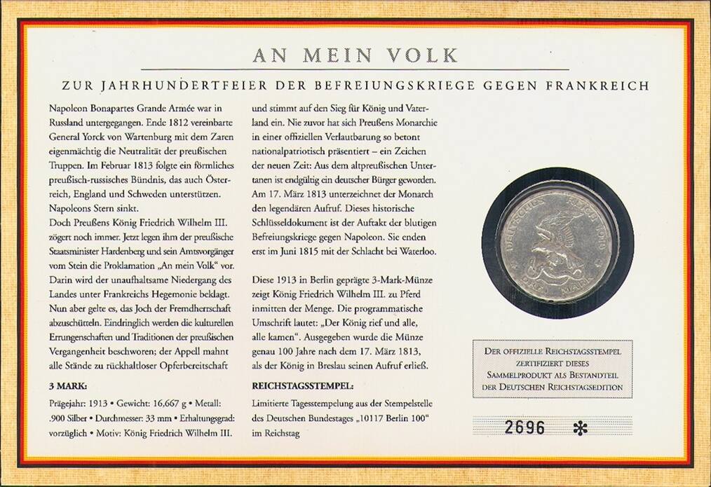 Bundesrepublik Deutschland 3 RM 2014 '100jahr-Feier der ...