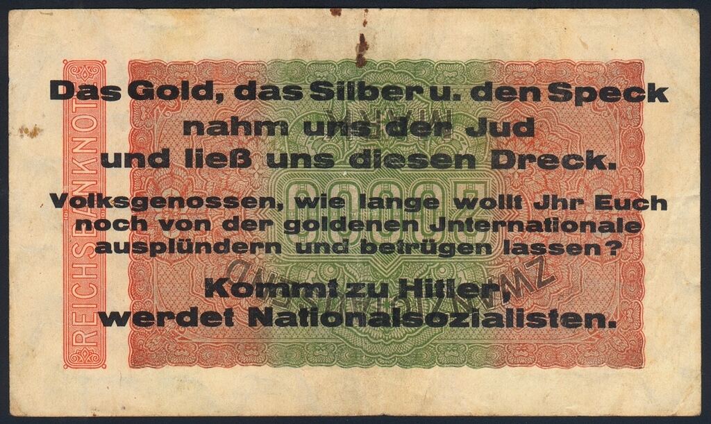 Deutsches Reich Judaika 20.000 M. 1928/33 Banknote mit Propaganda ...