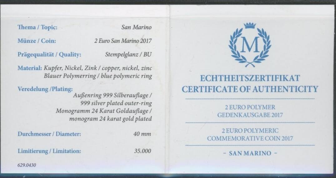 San Marino 2 Euro 2017 'Heiliger Marinus' Polymer-Gedenkausgabe mit ...
