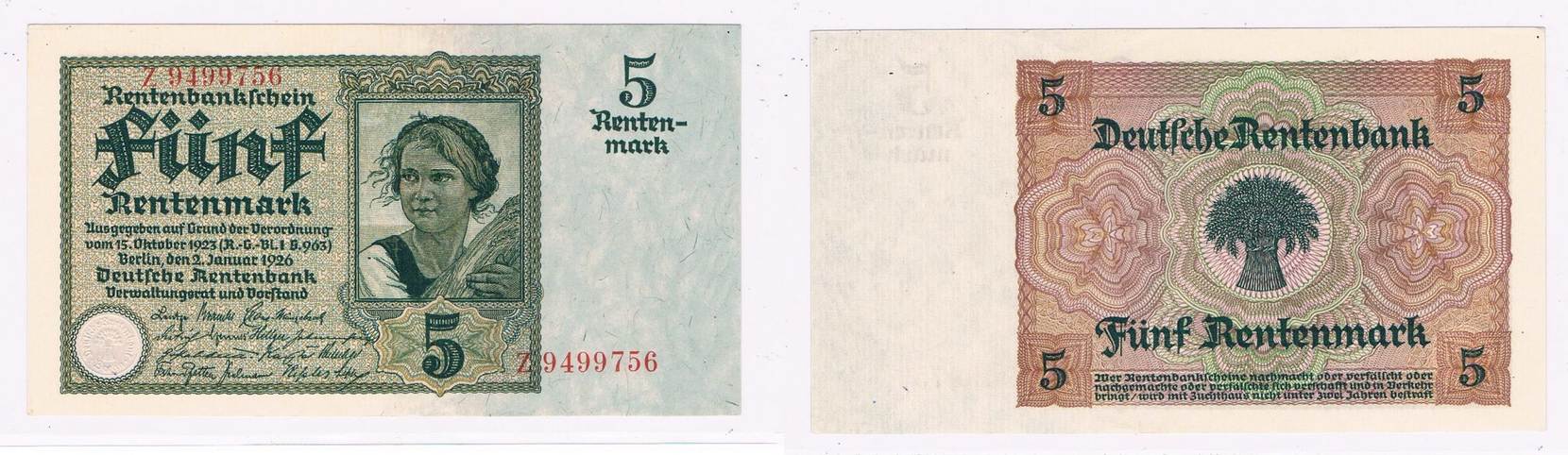 Deutsches Reich Weimar 5 Rentenmark 1926 I kassenfrisch | MA-Shops