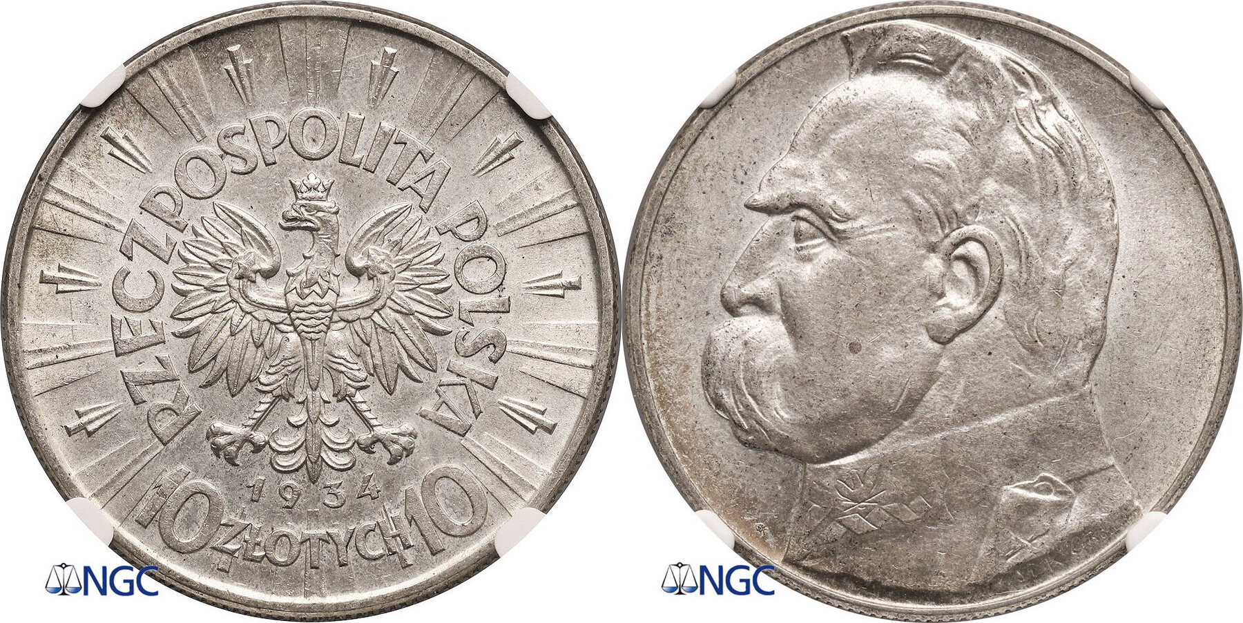 Poland 10 Zlotych 1934 Jozef Pilsudski NGC AU 58 | MA-Shops