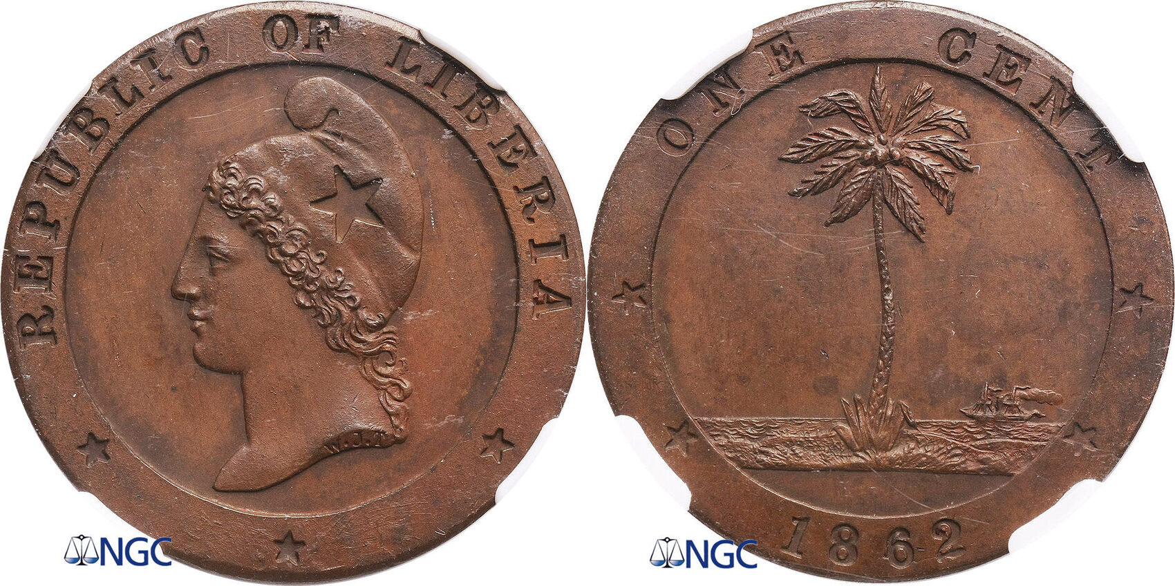 LIBERIA 1 CENT 1862 NGC MS 62 BN | MA-Shops
