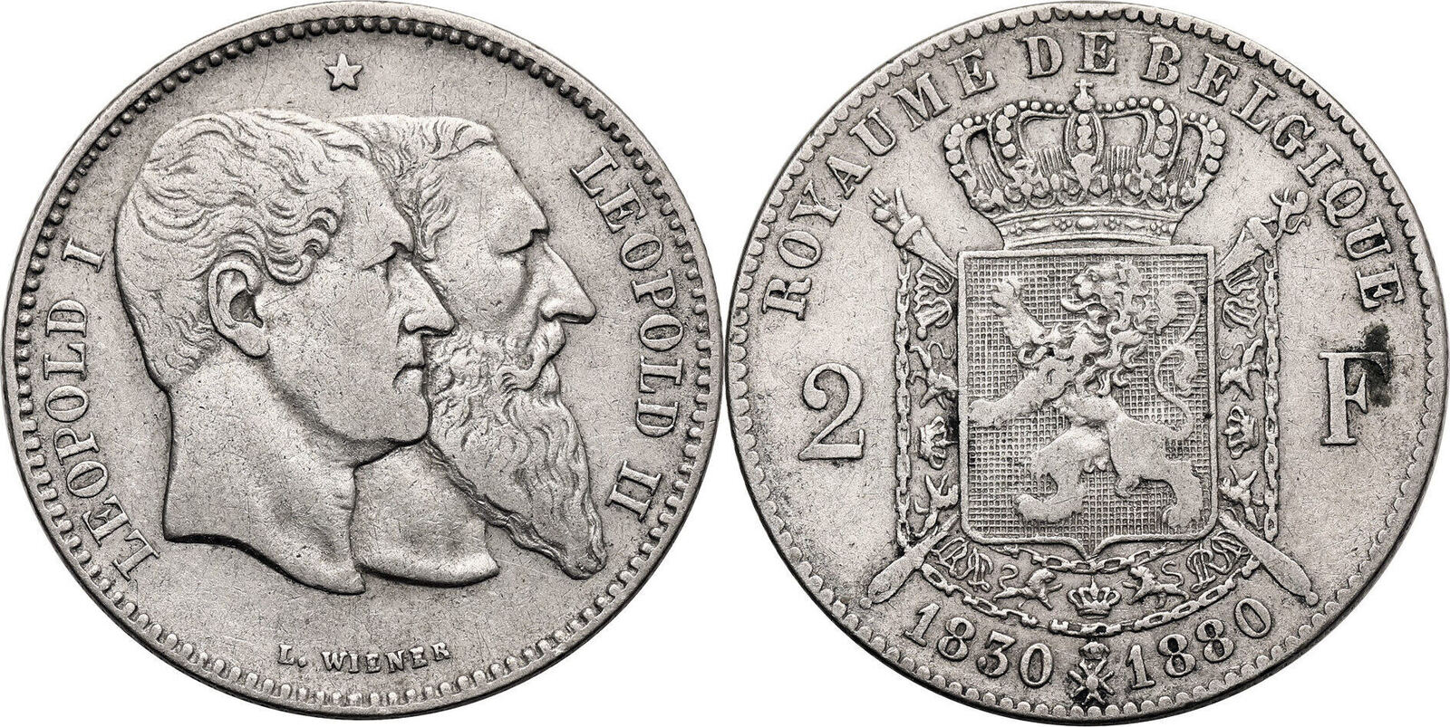 Belgium 2 Franc 1880 Fifty Years of Belgian Independence ss | MA-Shops