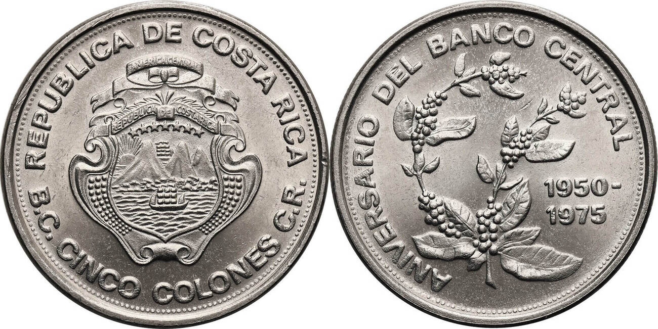 Costa Rica 5 Colones 1975 5th Anniversary of the Central Bank St | MA-Shops