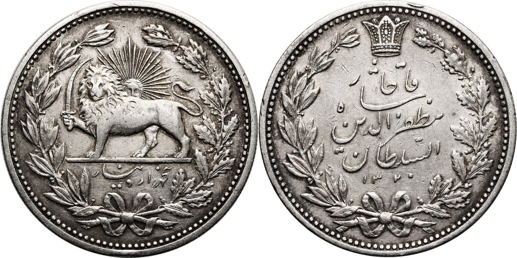 Iran, Muzaffar al-Din Shah 5000 Dinars (5 Kran) AH 1320 / 1902 AD ss+ | MA-Shops