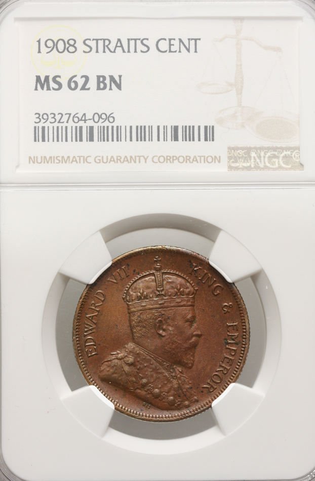 Straits Settlements Cent 1908 NGC MS 62 BN | MA-Shops