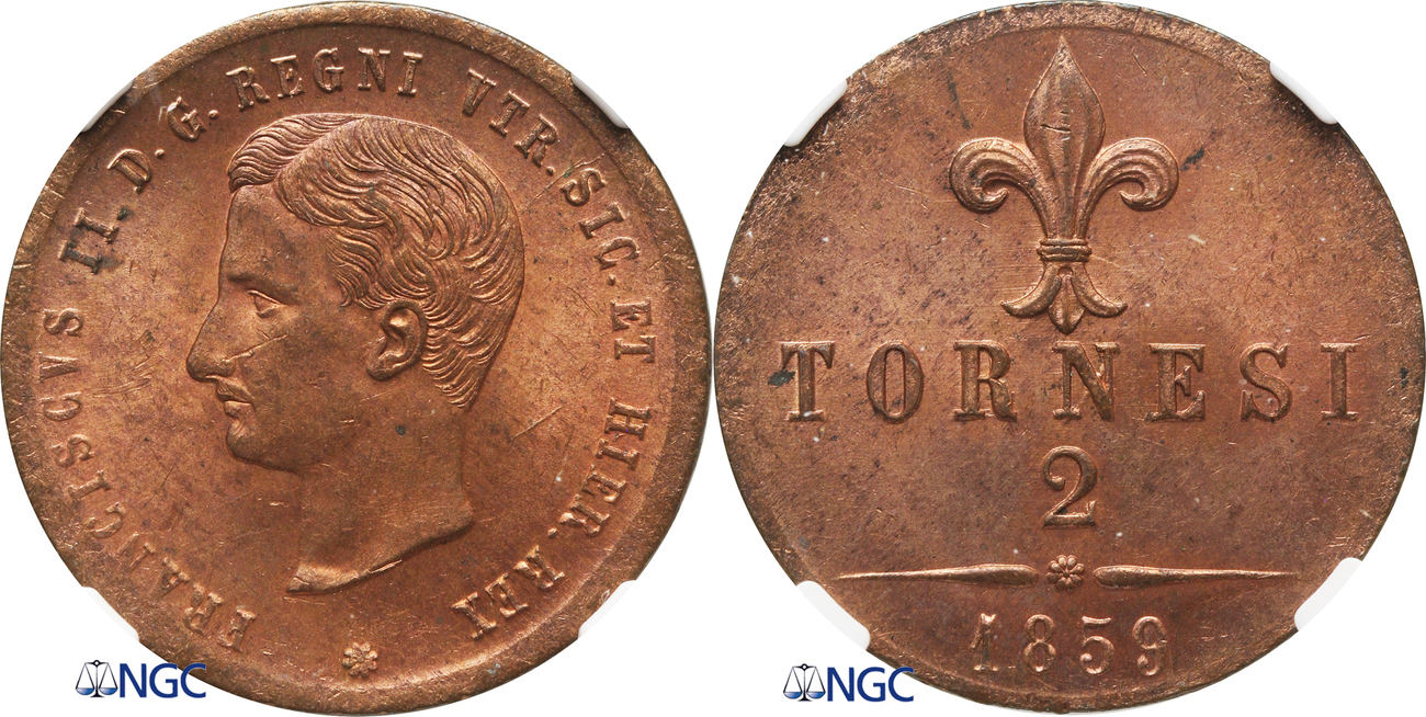 Italy. Naples & Sicily 2 Tornesi 1859 Francesco II NGC MS 64 RB | MA-Shops