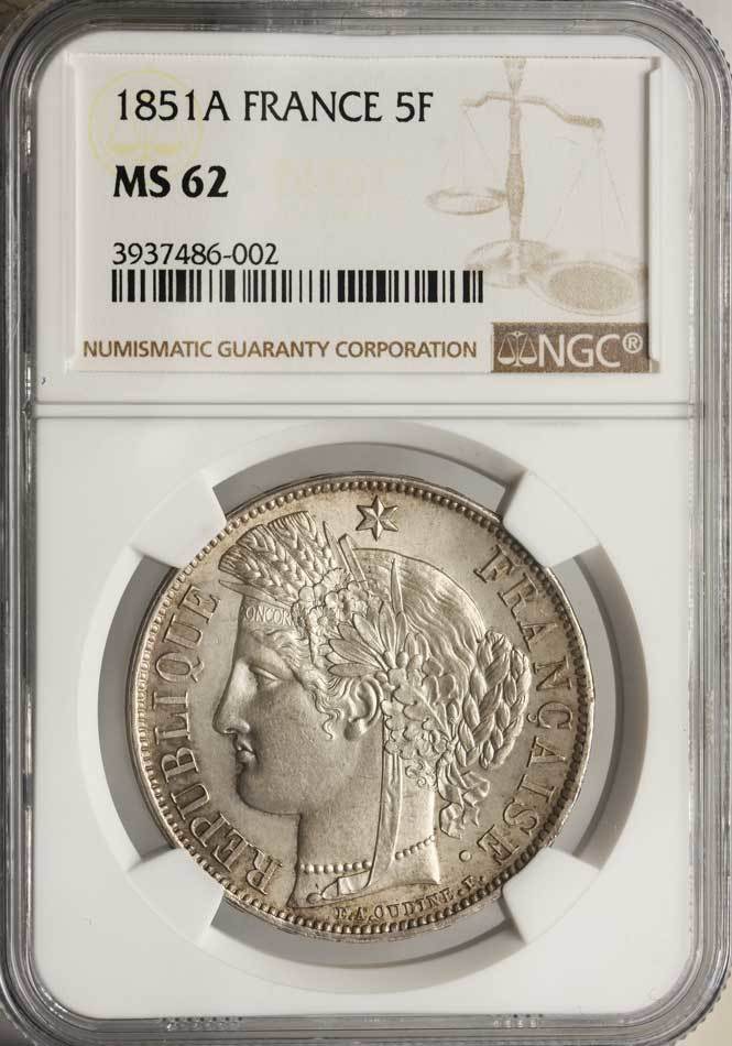 France 5 Francs 1851 A Paris NGC MS 62 | MA-Shops
