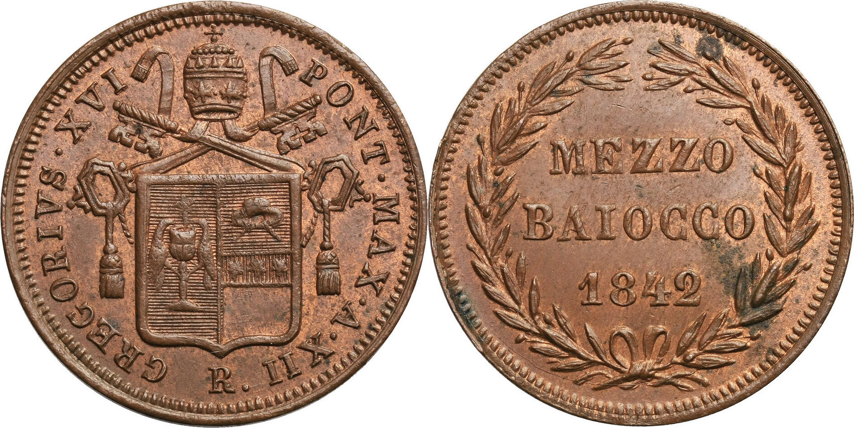 Papal States, (Vatican) 1/2 (Mezzo) Baiocco 1842 R, AN XII Gregory XVI ...