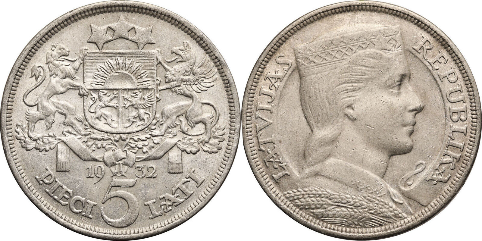 Latvia, First Republic 1918-1938 5 Lati 1932 VZ/SS+ | MA-Shops
