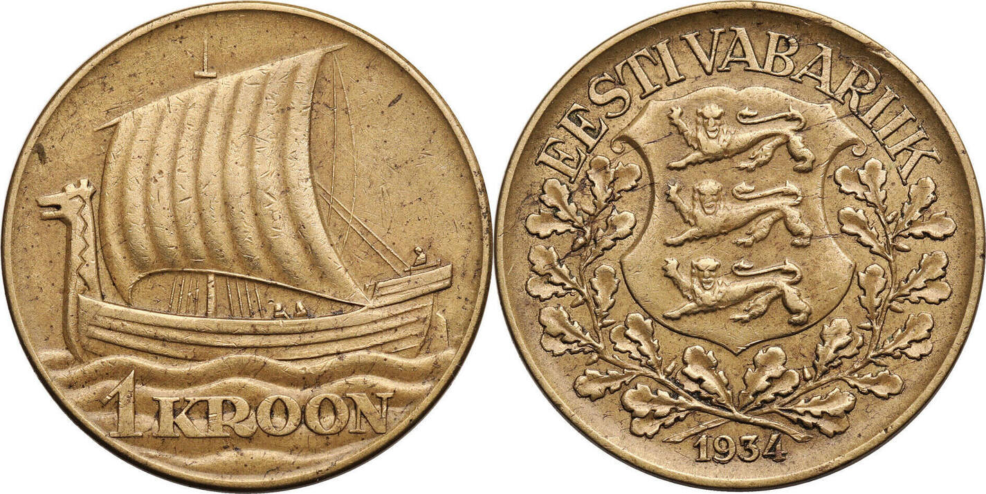 Estonia, Republic 1918-1941 1 Kroon 1934 Ship of Vikings Sehr Schön ...