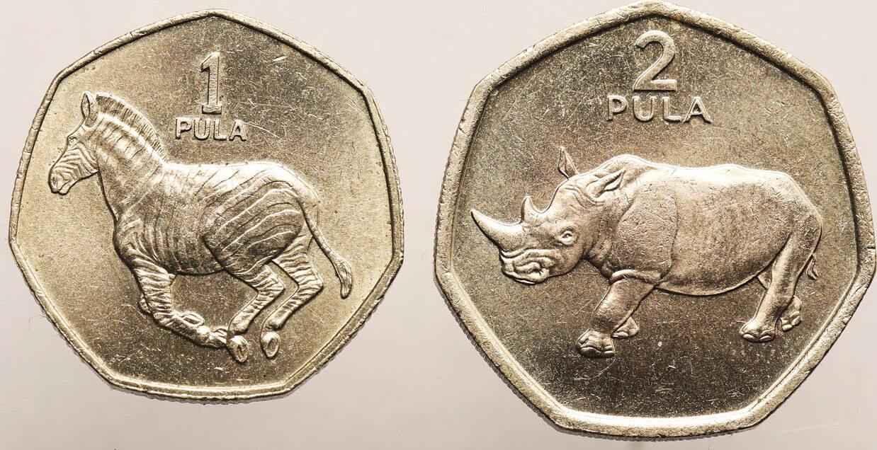 Botswana 1 and 2 Pula 1991-1994 zebra and rhino vz-St | MA-Shops