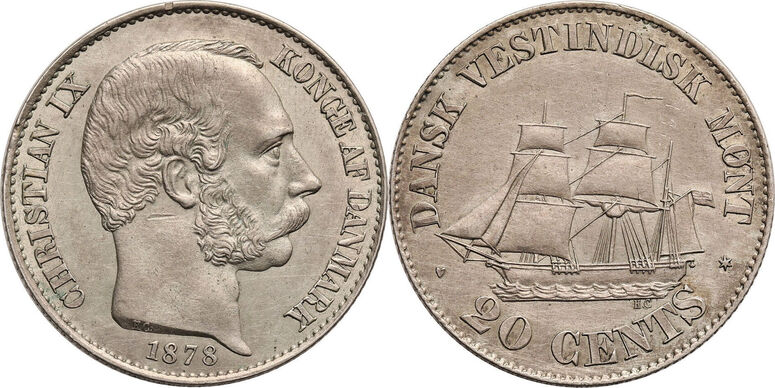 Danish West Indies 20 Cents 1878 (h) Christian IX ss-vz | MA-Shops