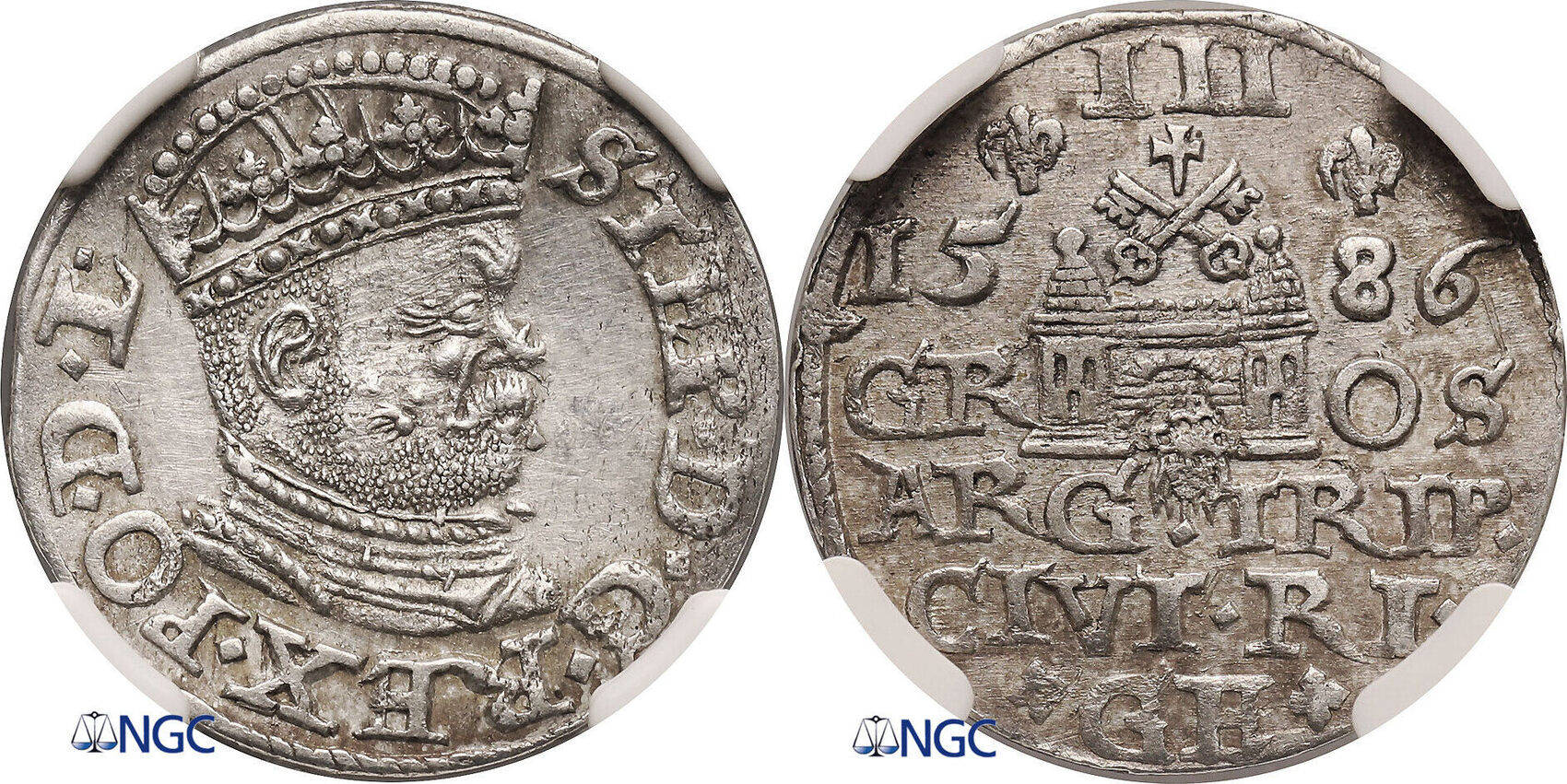Poland - Riga 3 Groschen (Dreigröscher) 1586 Stephan Bathory NGC AU 58 ...
