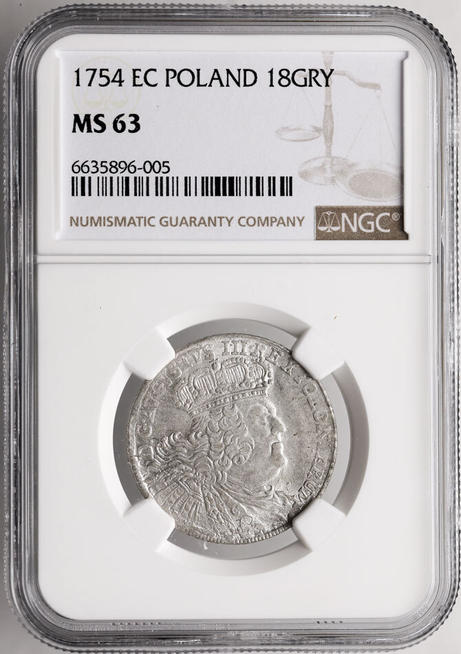 Polen / Saxony Ort (18 Groschen) 1754 EC Friedrich August II 1733-1763 NGC MS 63 | MA-Shops