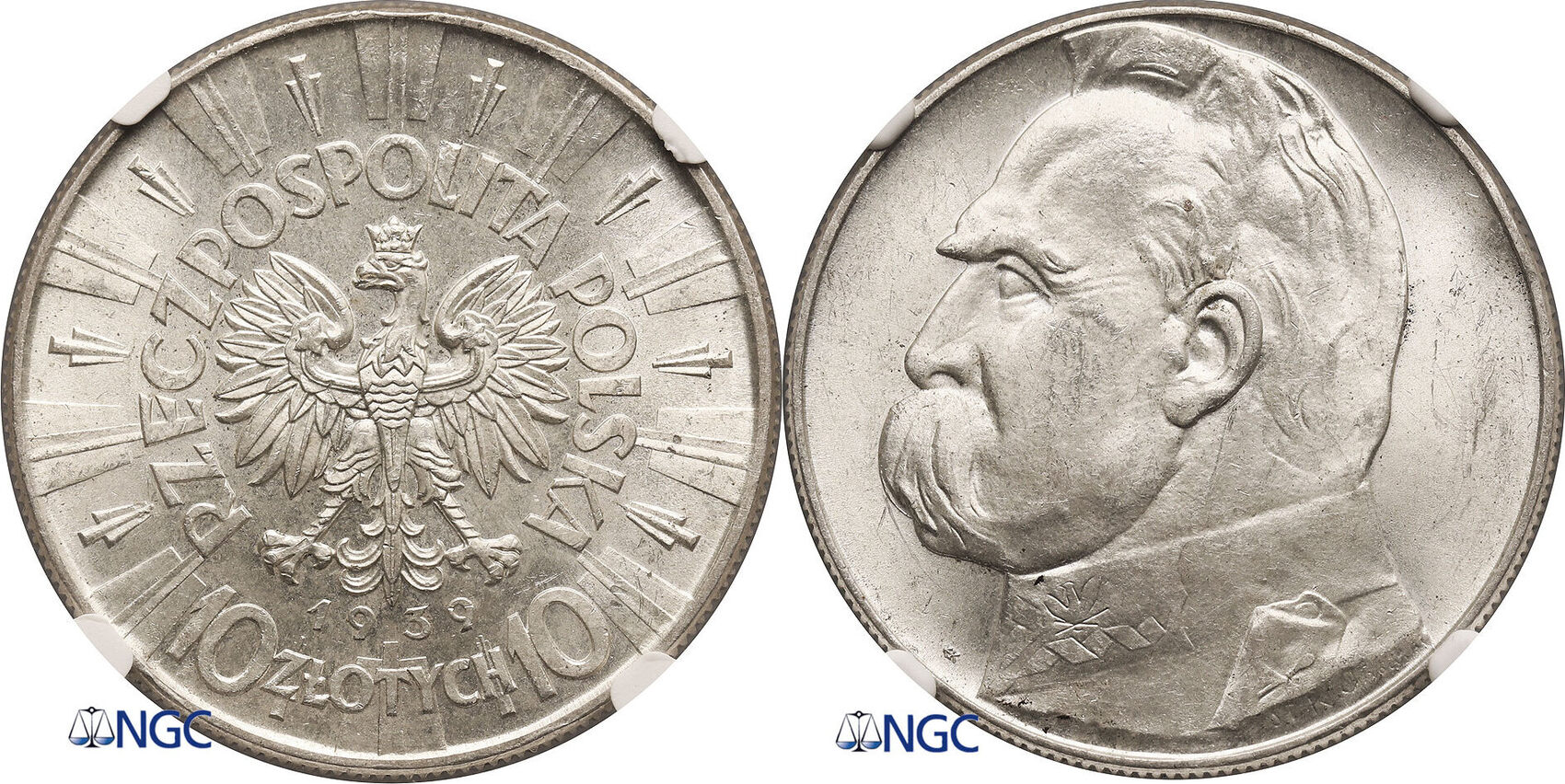 Poland 10 Zlotych 1939 Jozef Pilsudski NGC MS 62 | MA-Shops